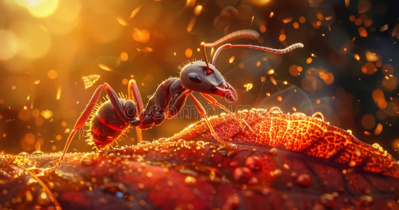 Closed Up of Beautiful Fantasy Ant Exploring a Golden Leaf Stock ...