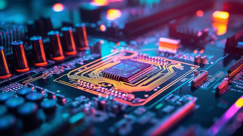 Closed Up of CPU on the Circuit Board with Purple Lighting. Technology ...