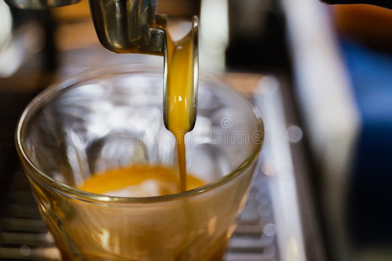Closed Up Espresso Machine Brewing Coffee into Glasses Shot in Cafe ...