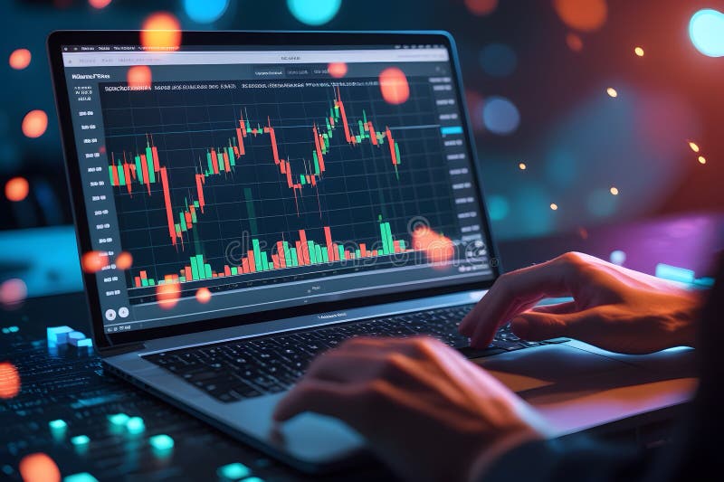 Closed Up of Hands Using Laptop with Complex Crypto Graphs on the ...