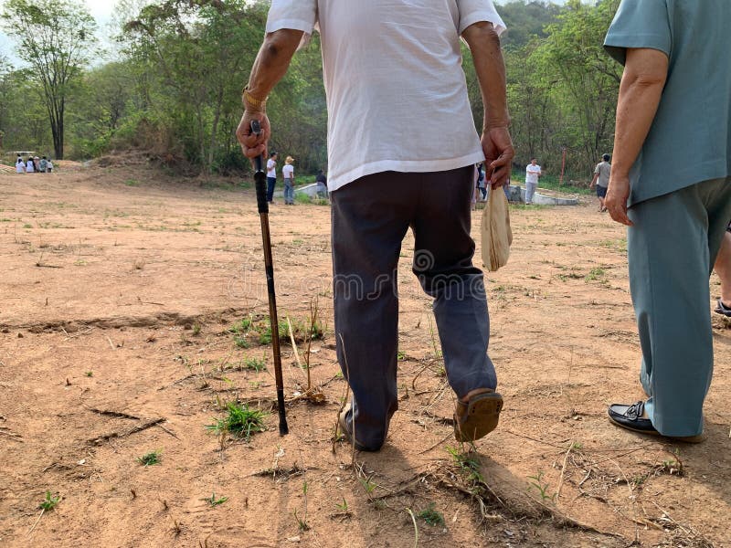 Closed Up Image of Elderly Man Walking by Using a Support Stick ...