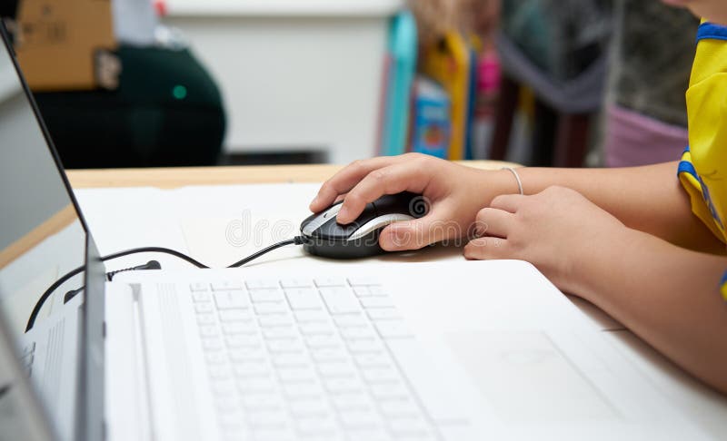 Closed Up of Mouse with Kid Hand and Notebook Stock Photo - Image of ...