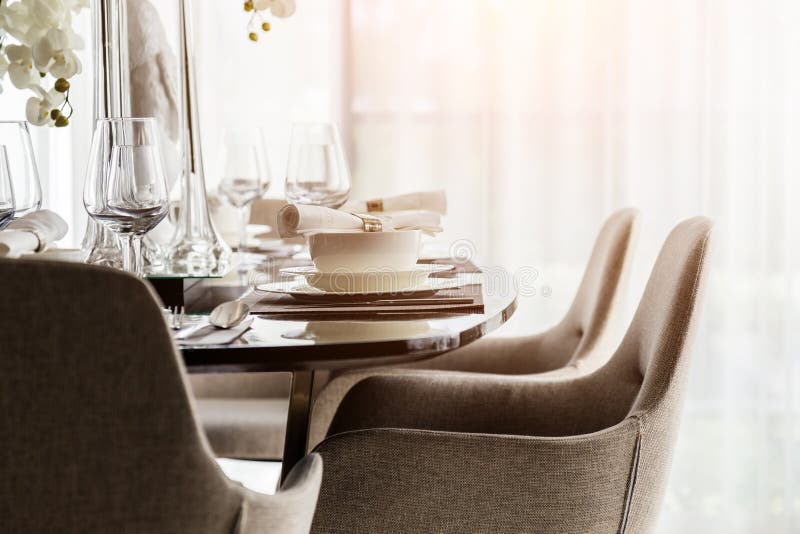Closed Up Nice Dining Chair with Wooden Table and Dish Sets Interior ...