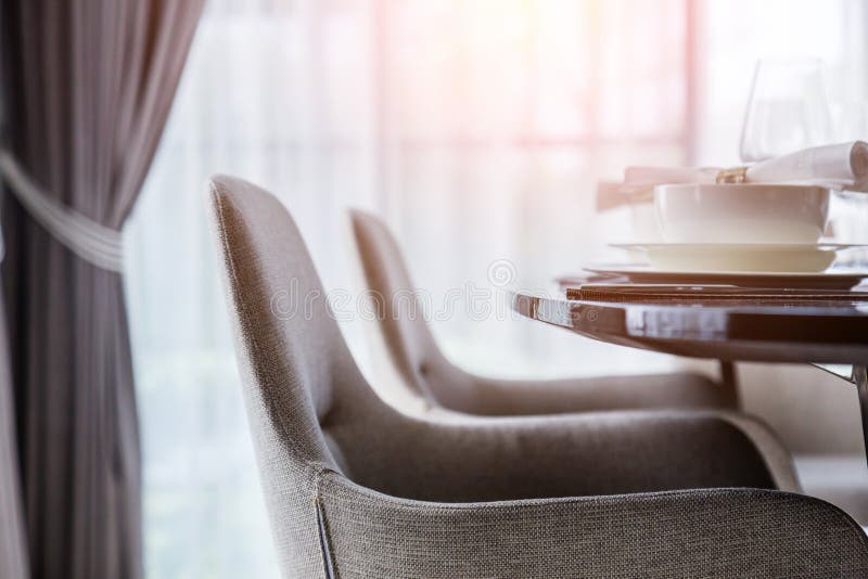 Closed Up Nice Dining Chair with Wooden Table and Dish Sets Interior ...