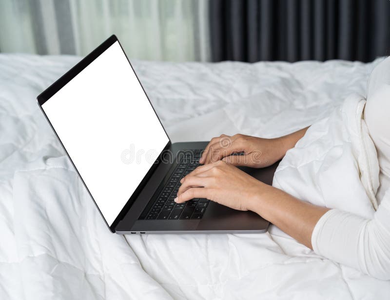 Closed-up Woman Using Laptop Computer on Bed Stock Photo - Image of ...