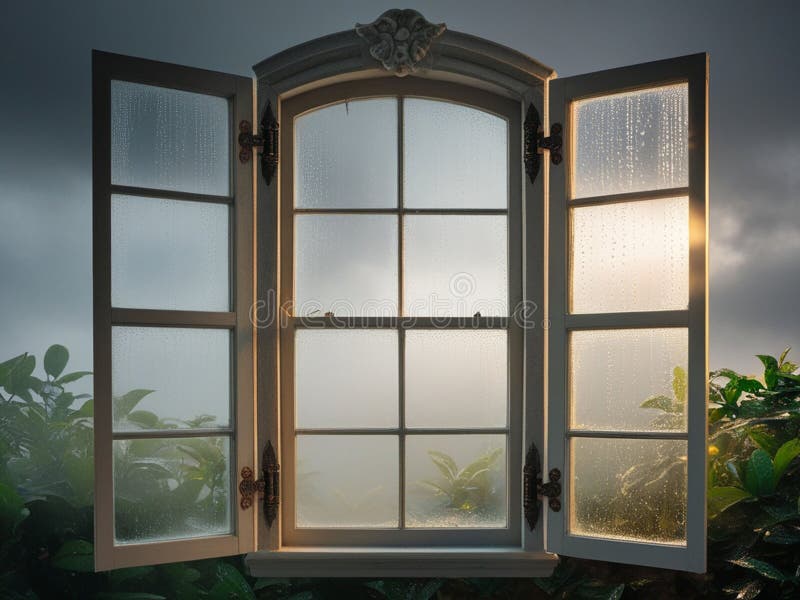 Closed White Window with a Beautiful View of the Morning Fog Stock ...