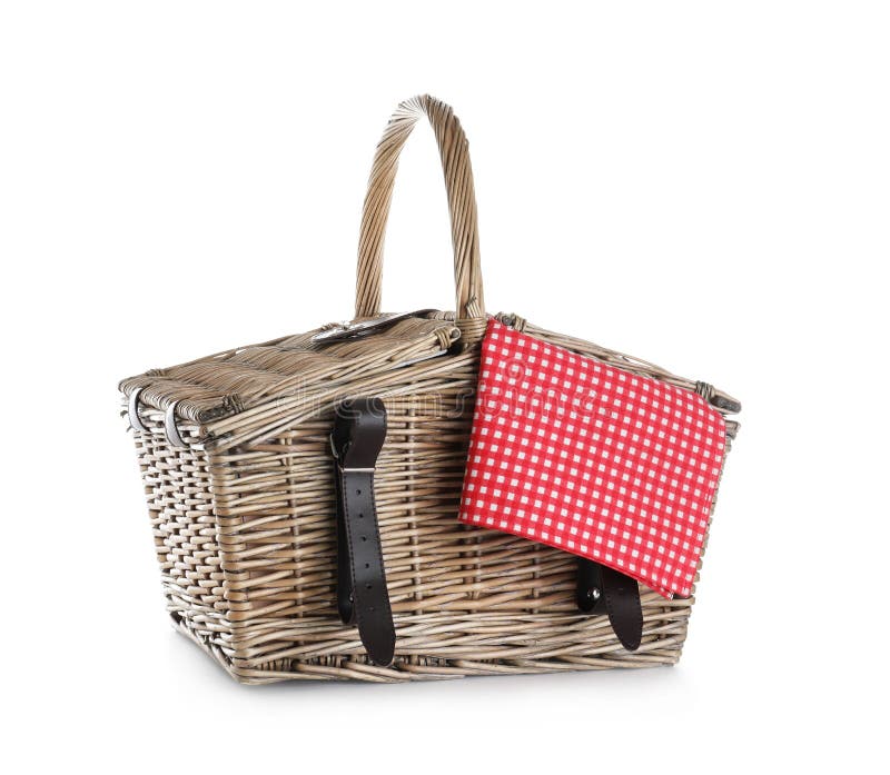 Closed Wicker Picnic Basket with Checkered Tablecloth Stock Photo ...