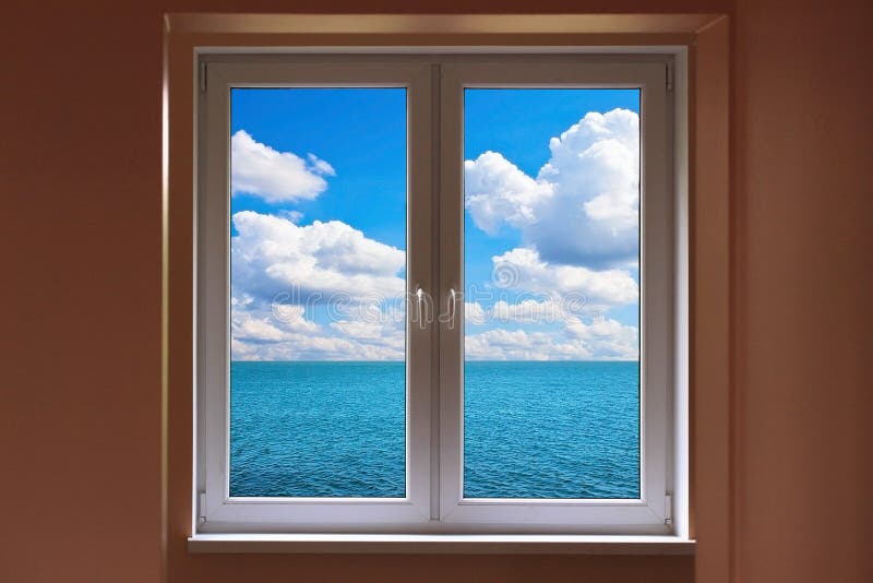 Closed Window and View To Sea Stock Image - Image of beach, cityscape ...