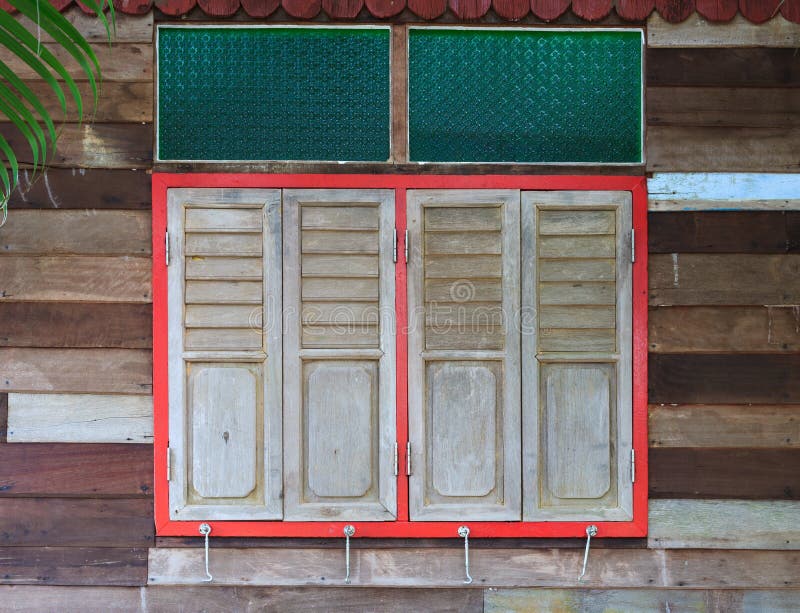 Closed Windows on Rural Wooden House Stock Image - Image of sheathing ...