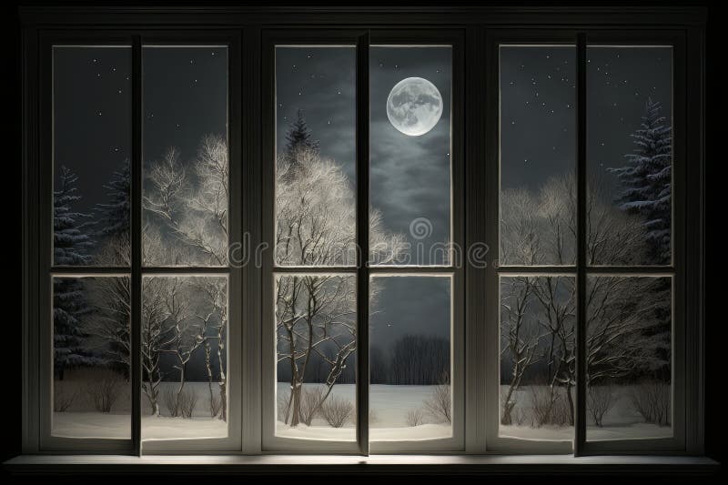Closed Windows on a Winter Night with a Full Moon Stock Illustration ...