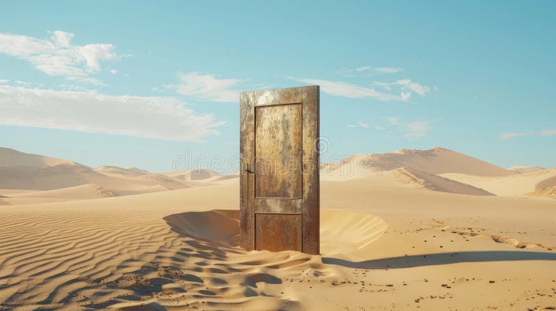 A Closed Wooden Door in a Sandy Desert with Blue Sky Stock Illustration ...