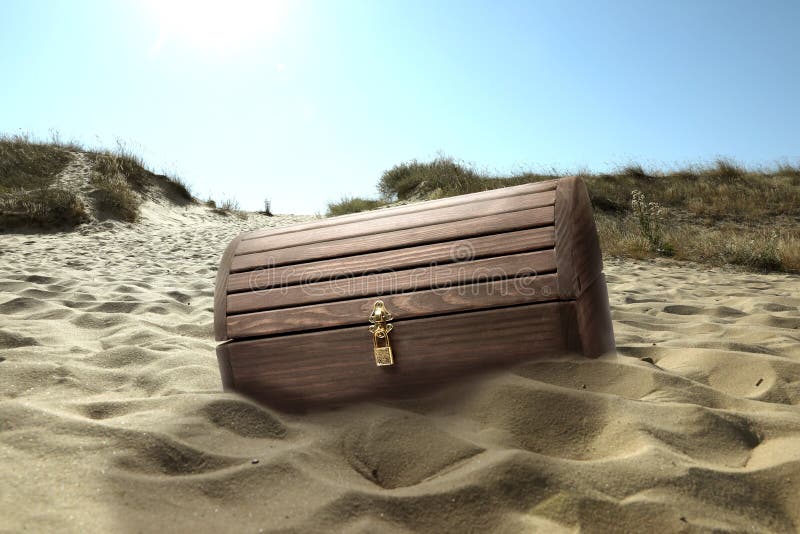 Closed Wooden Treasure Chest on Sandy Beach Stock Image - Image of rich ...