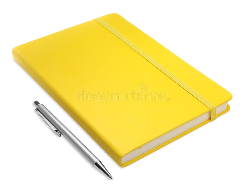 Closed Yellow Notebook with Pen Isolated on White Stock Photo - Image ...
