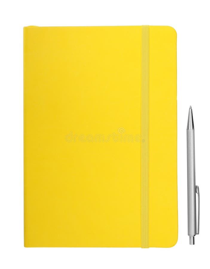 Closed Yellow Notebook with Pen Isolated on White, Top View Stock Photo ...