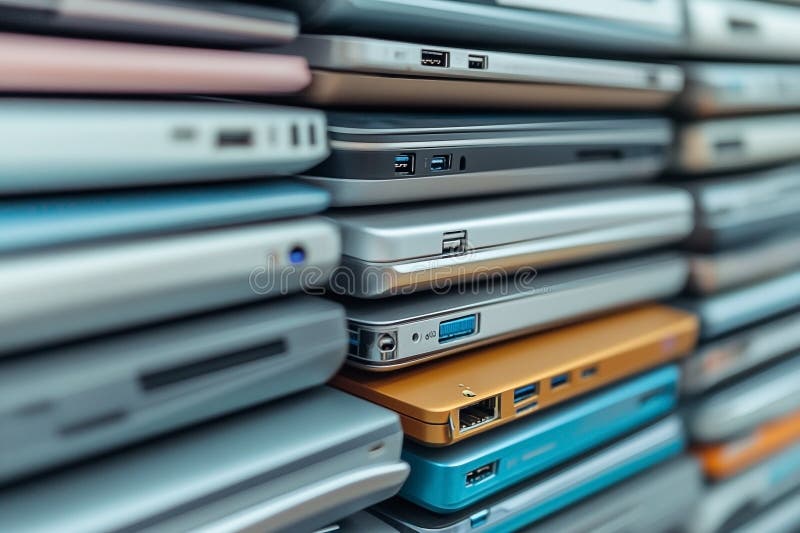 Stacked Array of Assorted Colored Laptops Creating a Technology Wall ...
