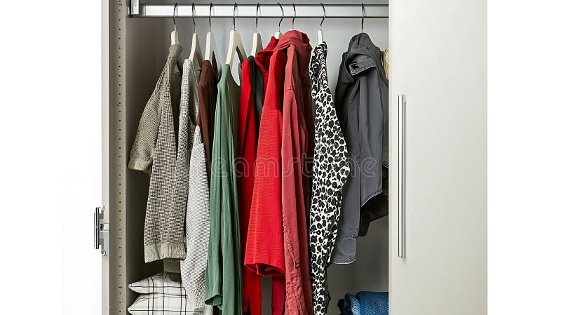 A Closet Full of Clothes, Including a Red Jacket with a Leopard Print ...