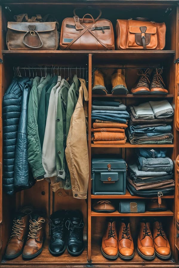 A Closet Full of Clothes and Shoes, with a Brown Box in the Middle ...