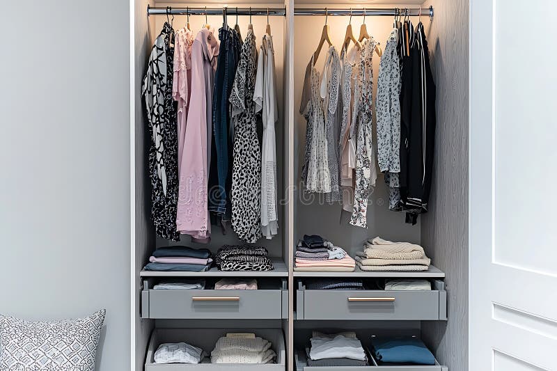A Closet Full of Clothes with a White Wall Behind it Stock Image ...