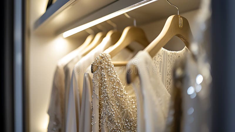 A Closet Full of White Dresses with Pearls and Sequins Stock Photo ...