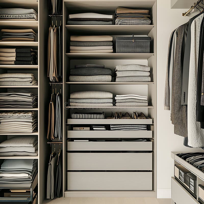 A Closet with Many Clothes and a Box on the Top Shelf Stock Photo ...
