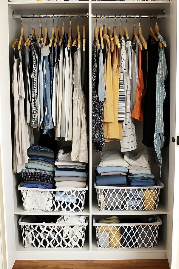 A Closet with Many Clothes and Two Baskets Stock Photo - Image of ...