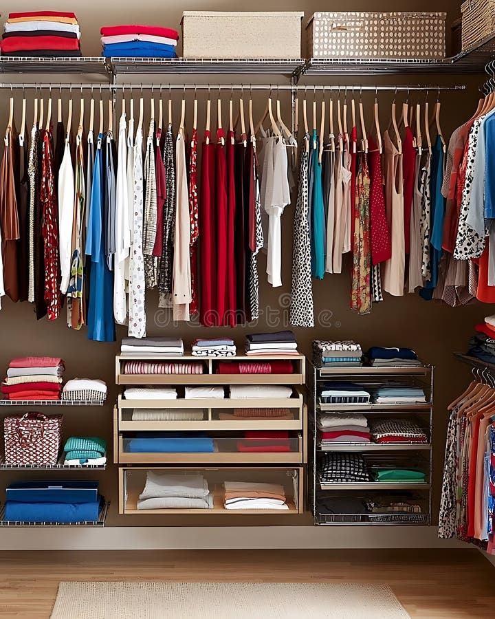 A Closet with Many Clothes and a White Box on the Left Side Stock Photo ...