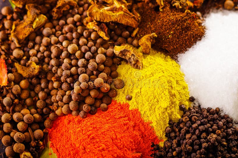 Closeup from Above Different Piles of Colorful Spices, Beautiful Rustic ...