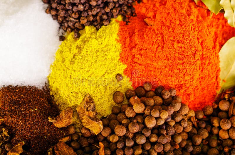 Closeup from Above Different Piles of Colorful Spices, Beautiful Rustic ...