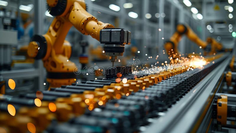 The Automated Manufacturing Process Utilizes Robotic Arms and Emits ...