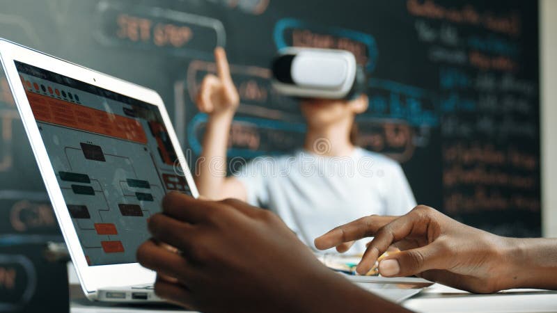 Closeup of African Student Hands Programing System at Blackboard. Edification. Stock Photo ...