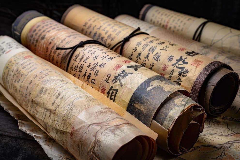 Ancient Chinese Scrolls Collection on Black Stock Image - Image of ...