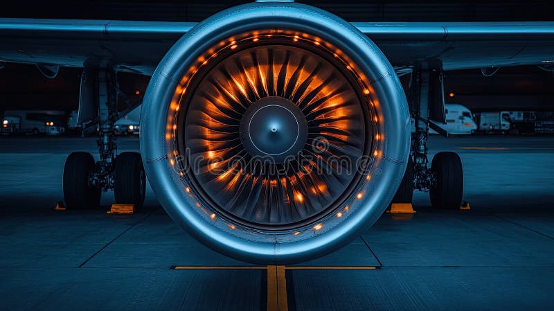 Closeup of an Airplane Engine with Glowing Lights on a Runway Stock ...