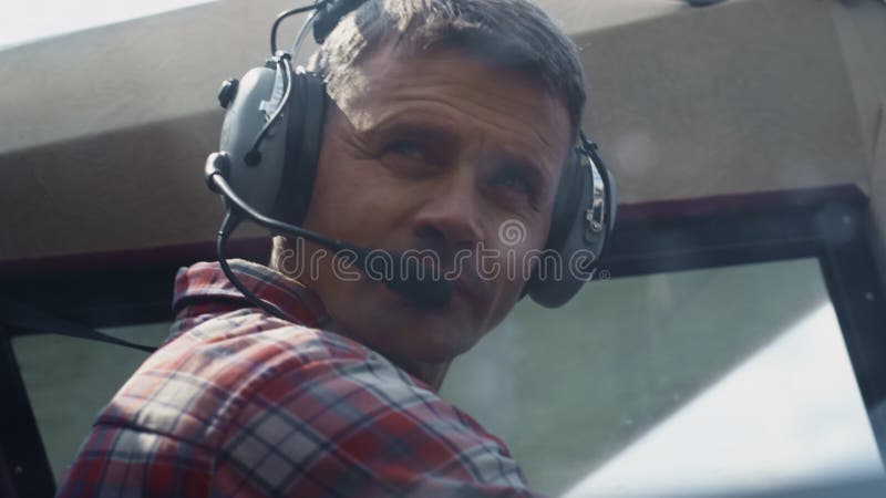 Closeup Airplane Pilot Face Wearing Headset with Microphone Sitting ...