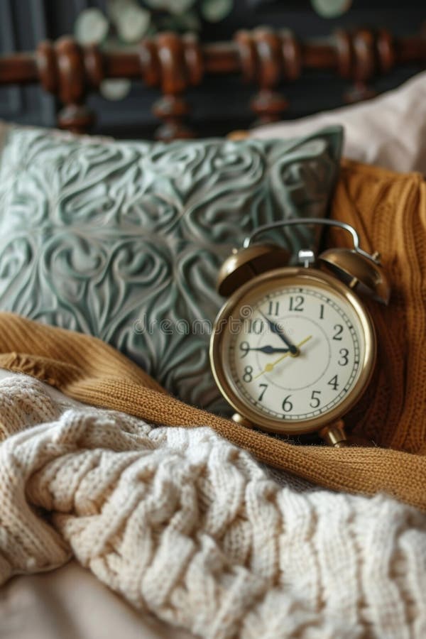 Closeup of Alarm Clock on Bed with Pillow and Blanket Stock ...