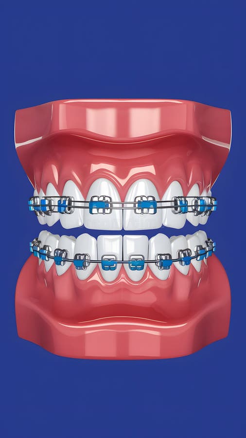 A Close Up Shot of Aligned Teeth with Blue Metallic Braces on White ...