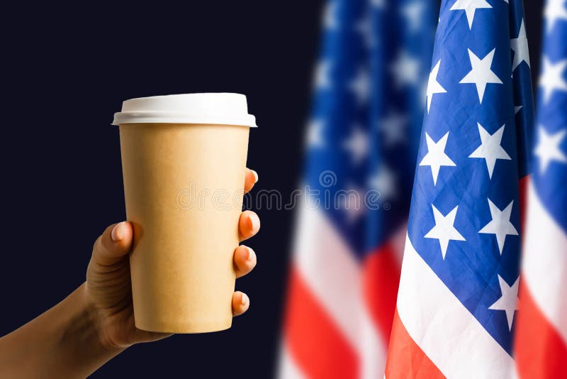 Closeup of American Flag with Coffee Paper Cup. Stock Photo - Image of ...