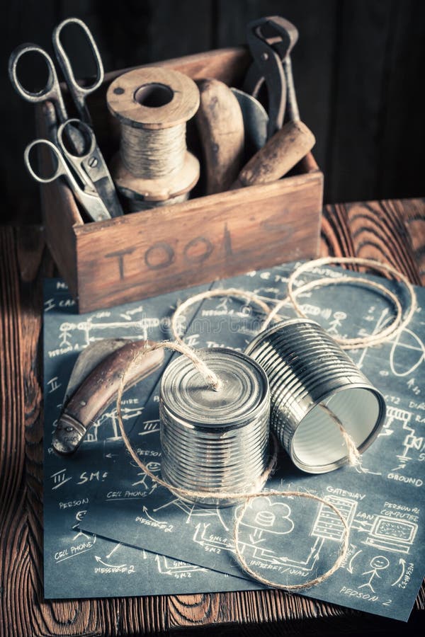 Closeup of Analog Telephone Made of String and Cans Stock Photo - Image ...