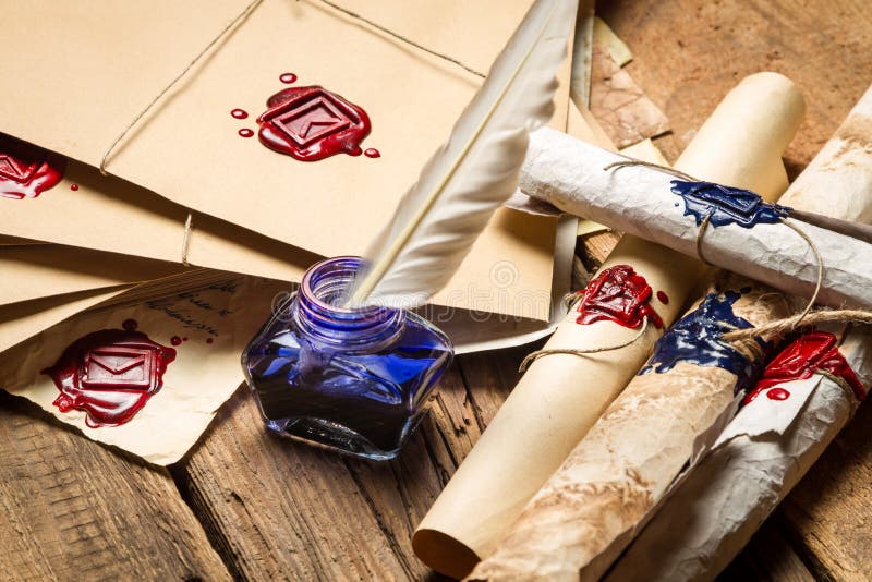 Closeup Of Ancient Scrolls And Old Envelope With Blue Inkwell Stock ...