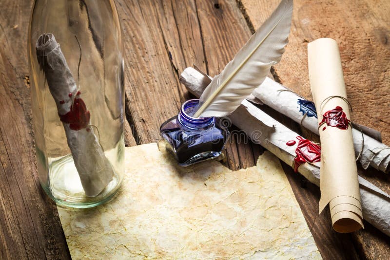 Closeup of Ancient Scrolls Written with Ink and Feather Bird Stock ...