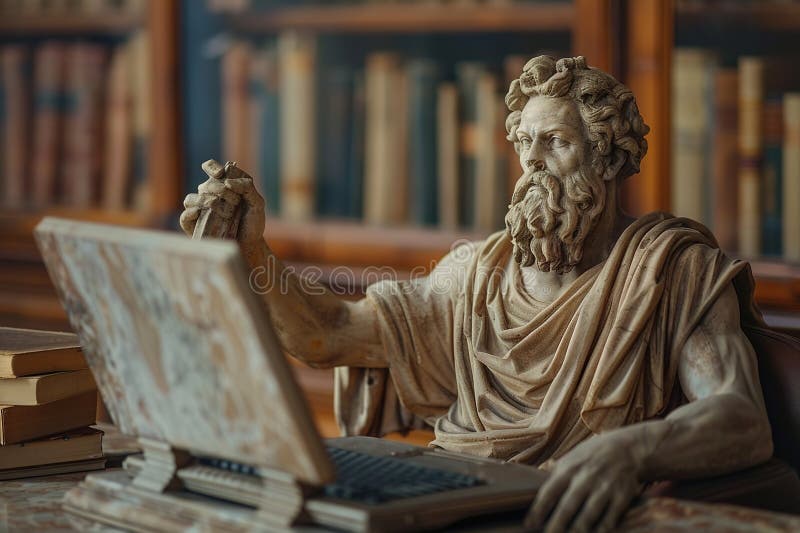 Closeup of Antique Male Statue Working at Stone Laptop in Library Stock ...
