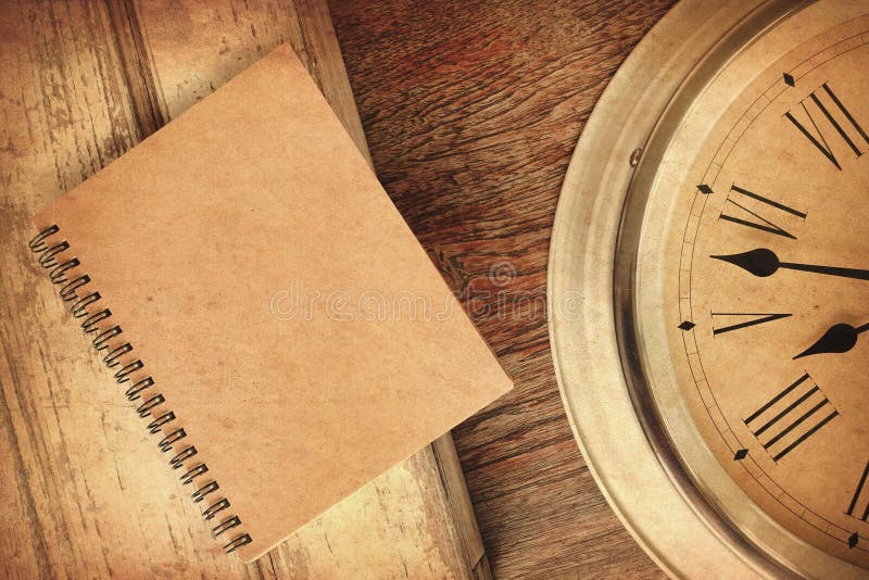 Closeup Antique Old Style Clock and Notebook Stock Photo - Image of ...