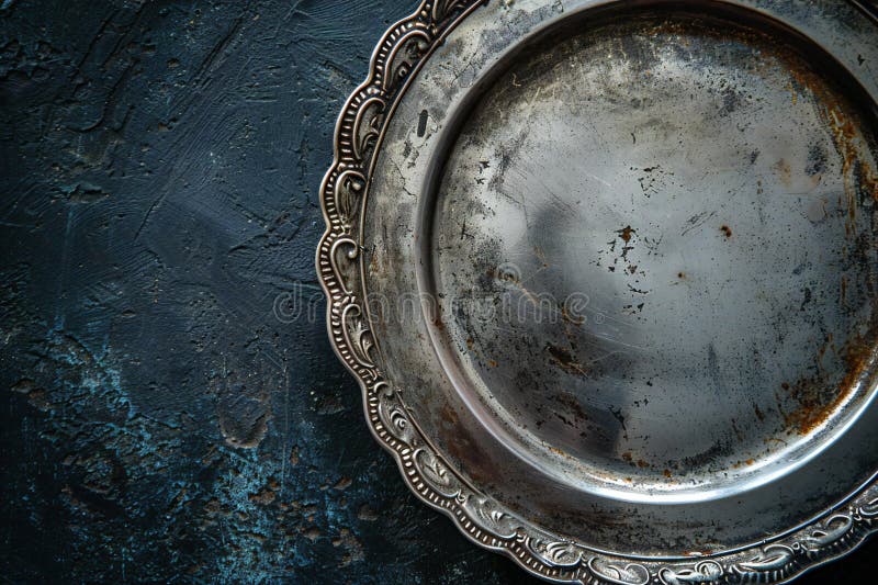Closeup of an Antique, Rustic Silver Plate on a Dark Background ...