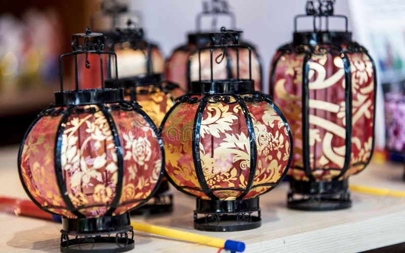Closeup of Antique Style Small Lanterns with Golden Decorative Patterns ...