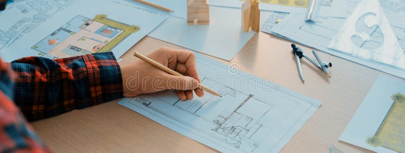Closeup of Architect Engineer Hand Using Ruler Draw a Blueprint ...