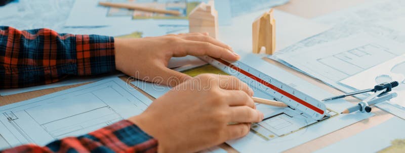 Closeup of Architect Engineer Hand Using Ruler Draw a Blueprint ...
