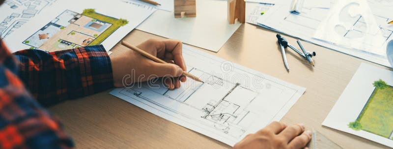 Closeup of Architect Engineer Hand Using Ruler Draw a Blueprint ...