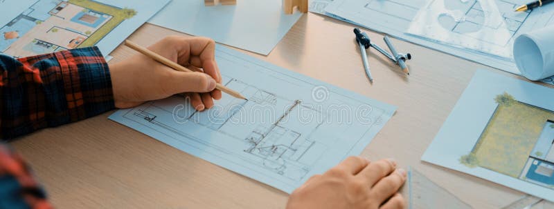 Closeup of Architect Engineer Hand Using Ruler Draw a Blueprint ...