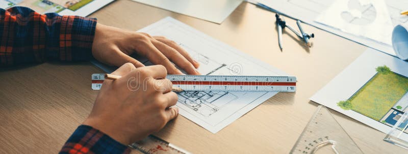 Closeup of Architect Engineer Hand Using Ruler Draw a Blueprint ...