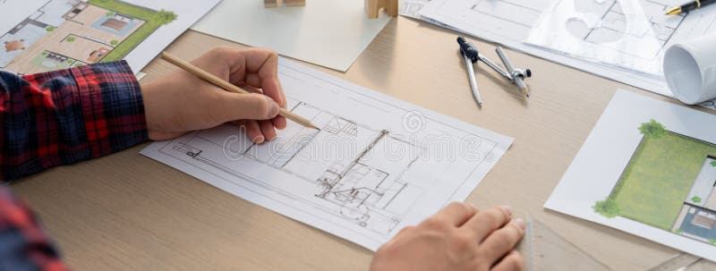 Closeup of Architect Engineer Hand Using Ruler Draw a Blueprint ...