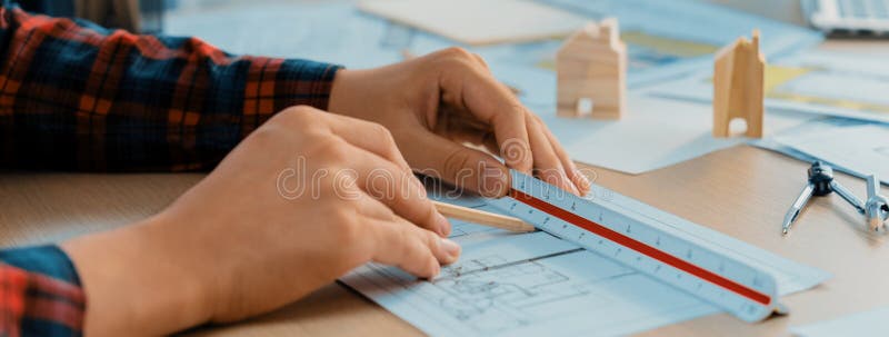 Closeup of Architect Engineer Hand Using Ruler Draw a Blueprint ...